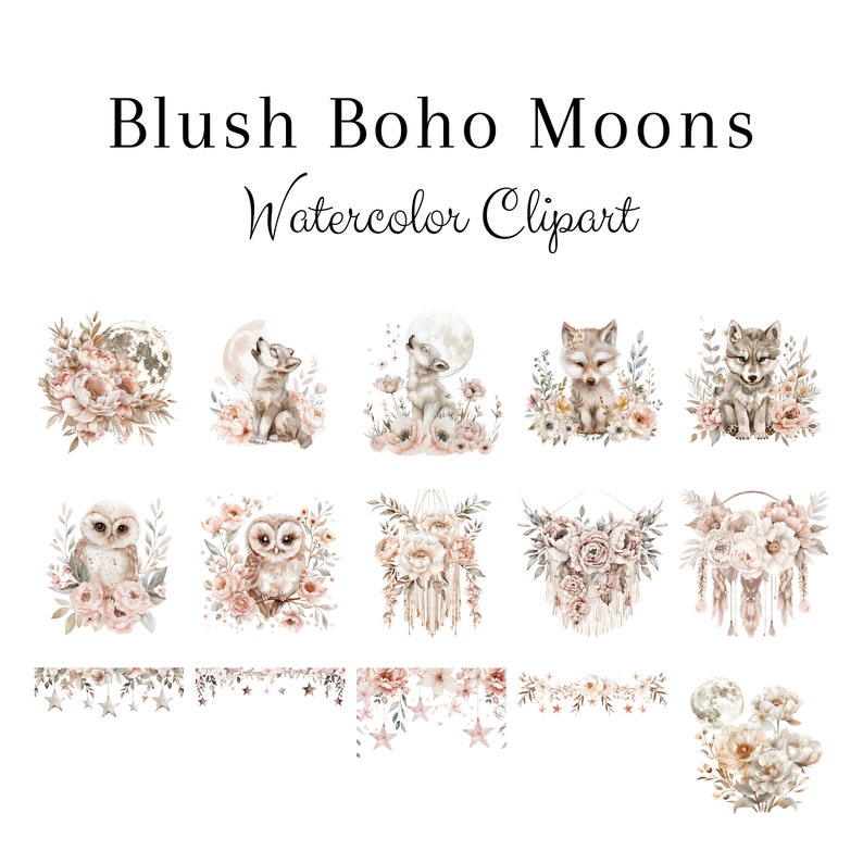 Blush Boho Floral Moon Clipart | Crescent Moon Clipart | Peony Floral ...