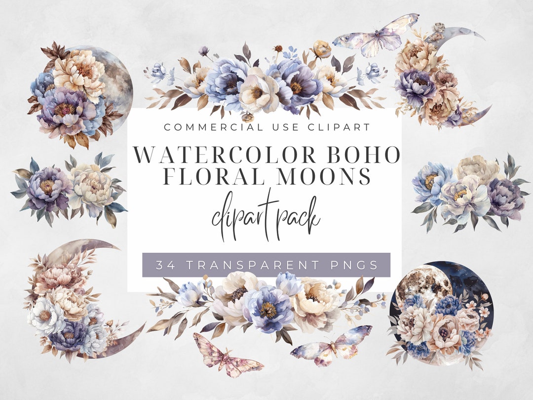 Boho Floral Moon Clipart | Crescent Moon Clipart | Peony Floral Clipart ...
