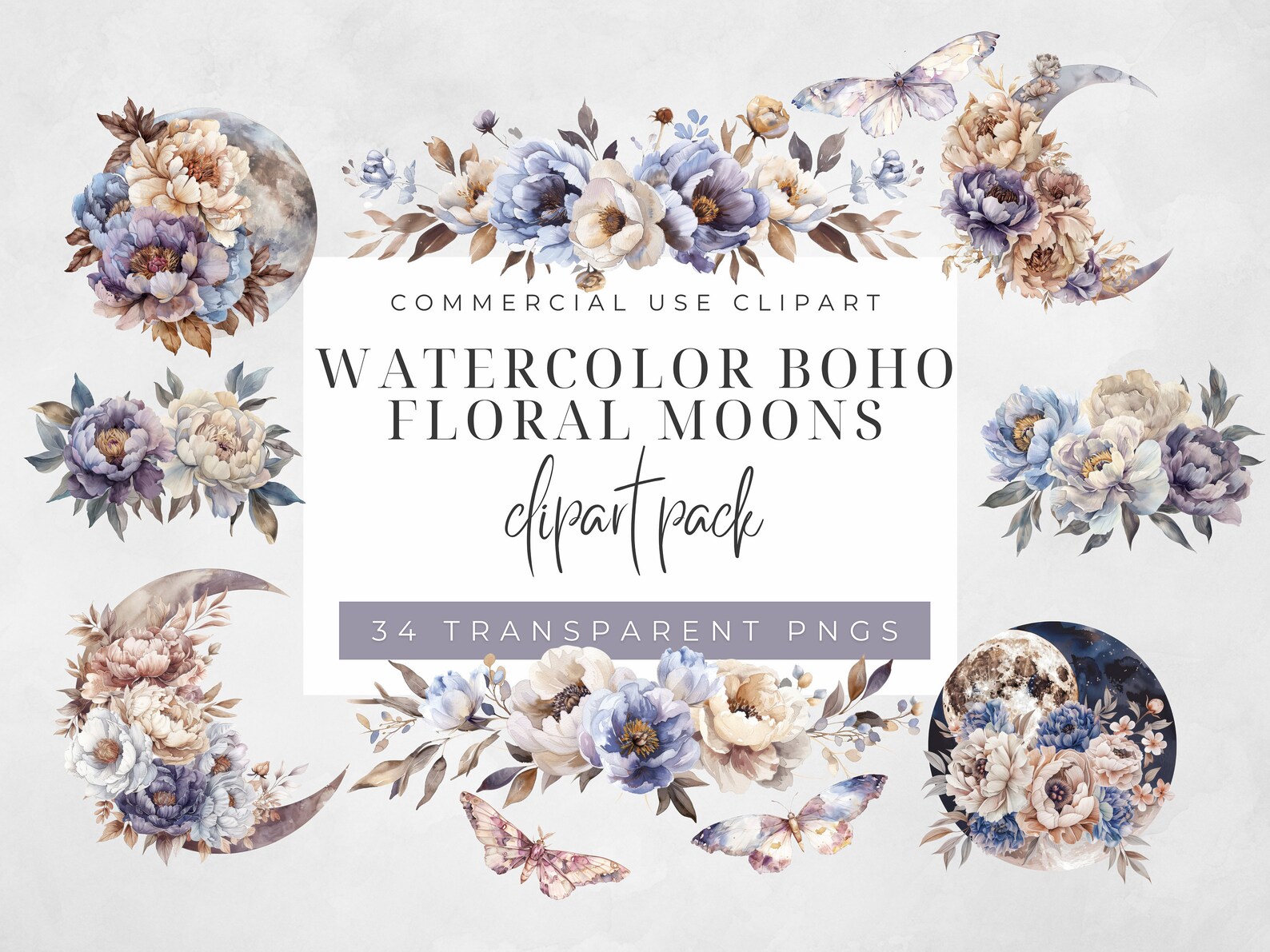 Boho Floral Moon Clipart | Crescent Moon Clipart | Peony Floral Clipart ...