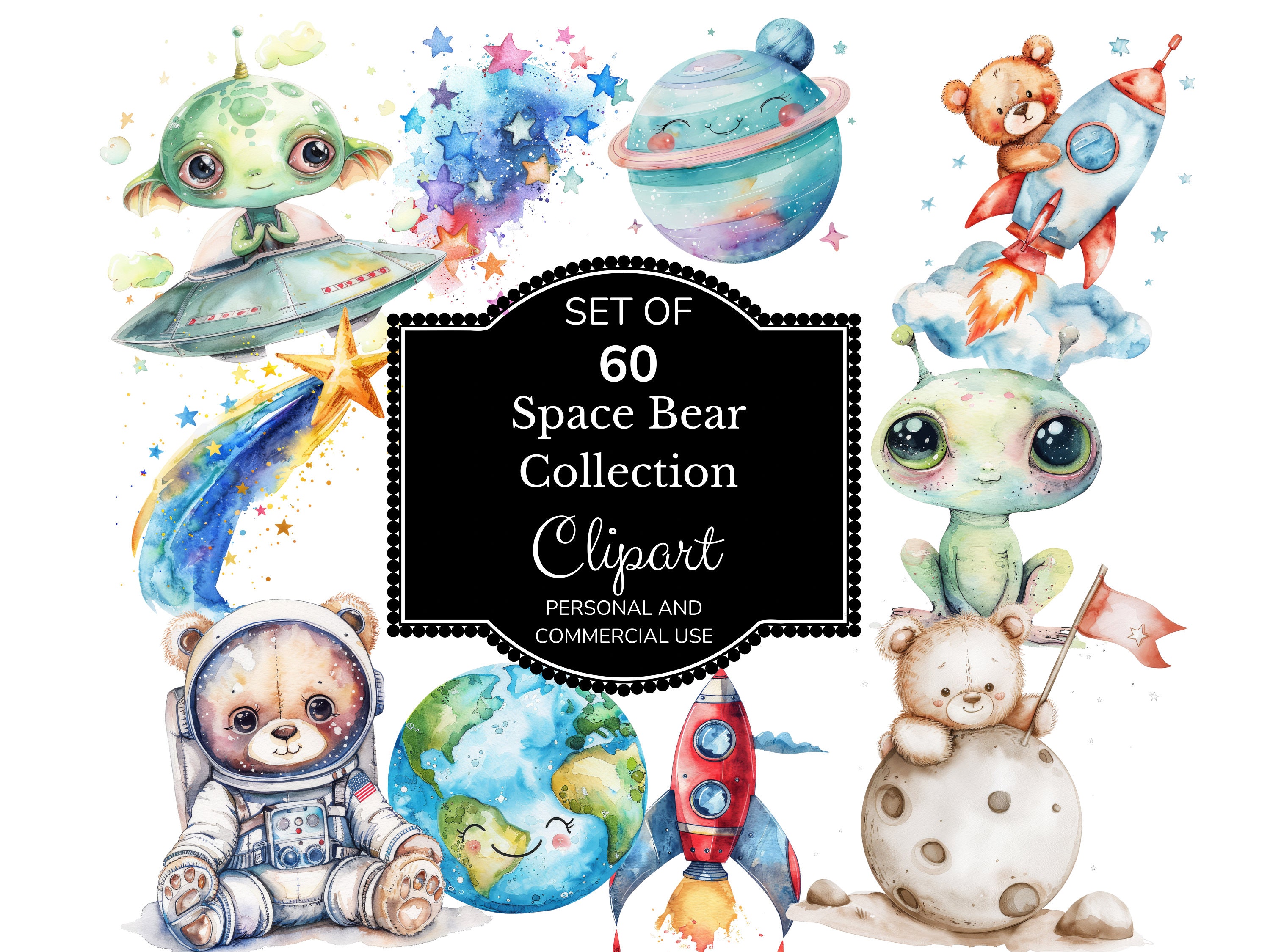 Space Kawaii Watercolor Clipart | Watercolor Planets Clipart | Sun ...