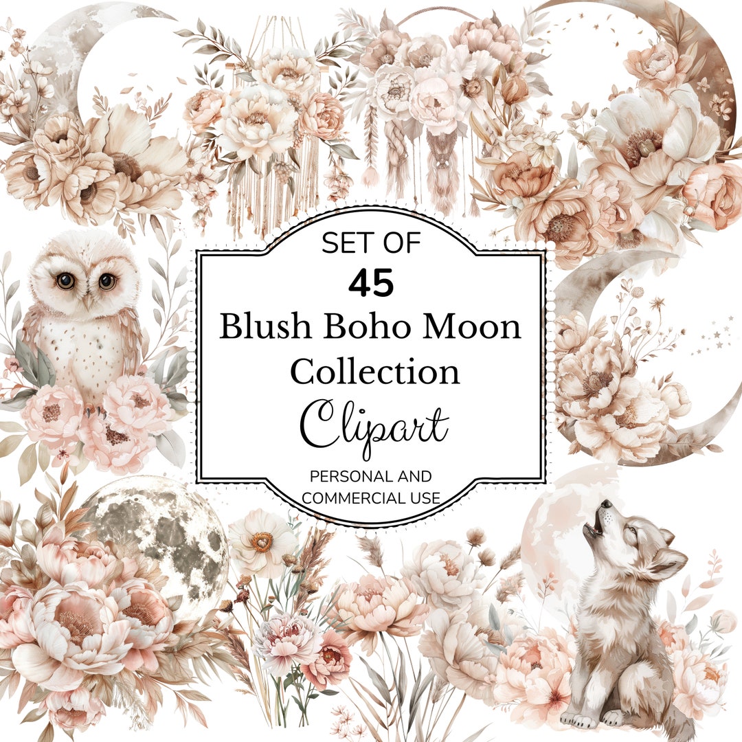 Blush Boho Floral Moon Clipart | Crescent Moon Clipart | Peony Floral ...