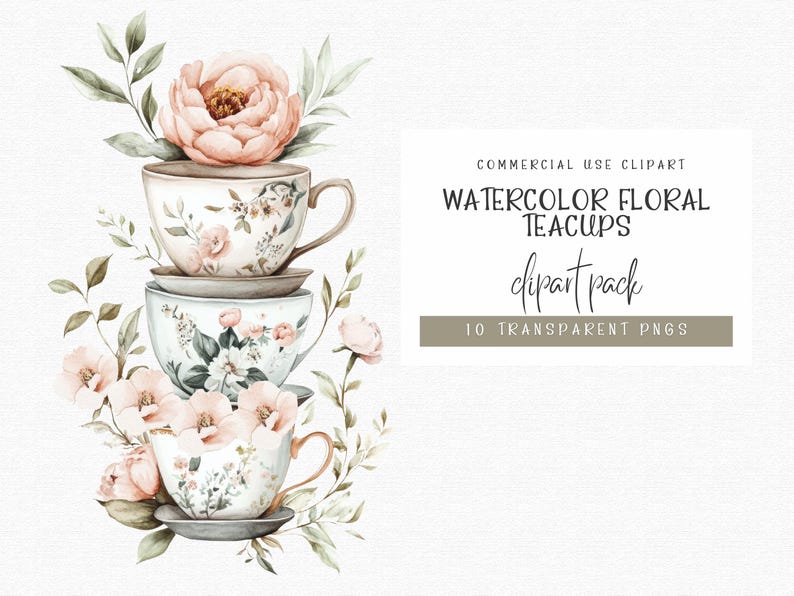Watercolor Tea Party Clip Art, Vintage Teacup Stack PNG, Floral Roses ...