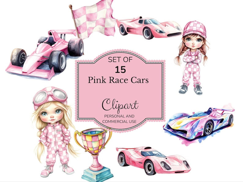Race Car Clipart Bundle | Pink Girl Race Car Clipart | Two Fast ...