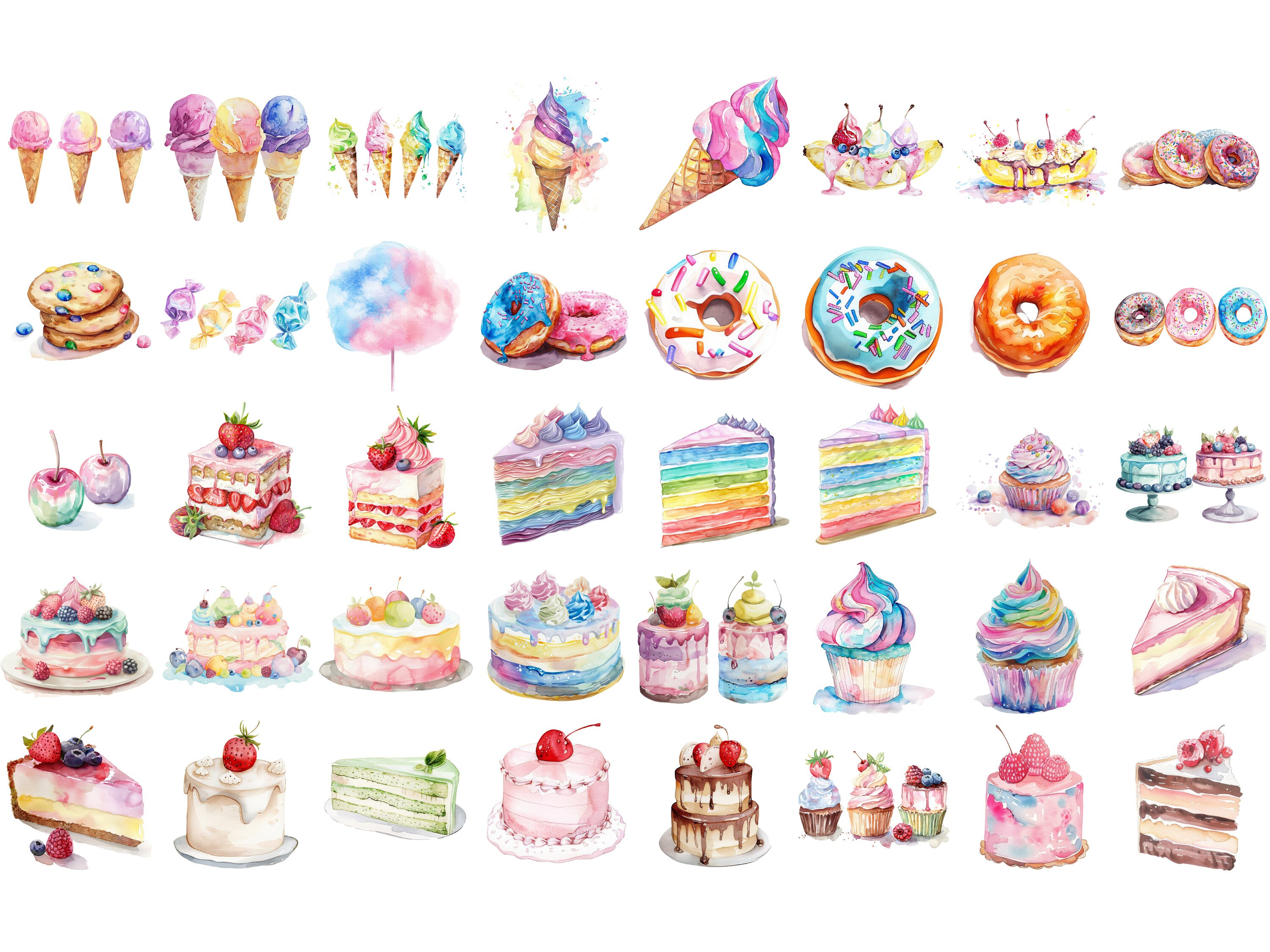 Watercolor Sweet Shop Clipart Watercolor Sweets Clipart Dessert Clip ...