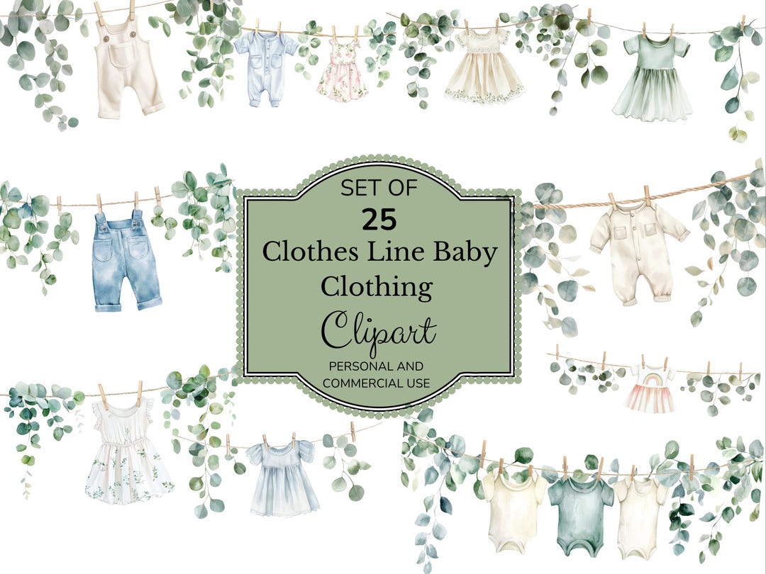 Baby Clothes Line Clipart | Watercolor Newborn Clothesline Art | Baby ...