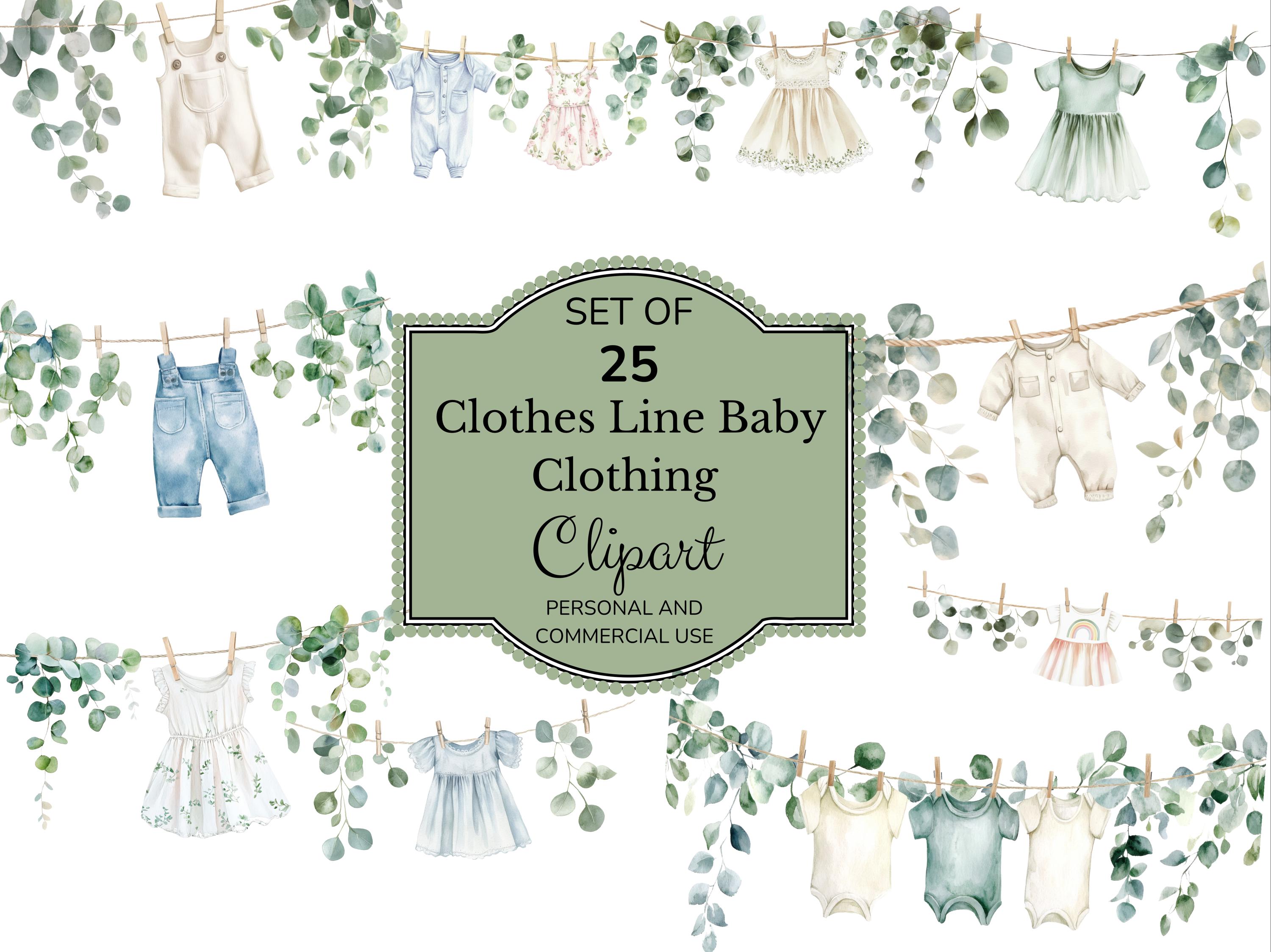 Baby Clothes Line Clipart | Watercolor Newborn Clothesline Art | Baby ...