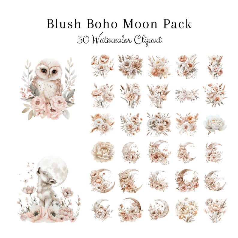 Blush Boho Floral Moon Clipart | Crescent Moon Clipart | Peony Floral ...