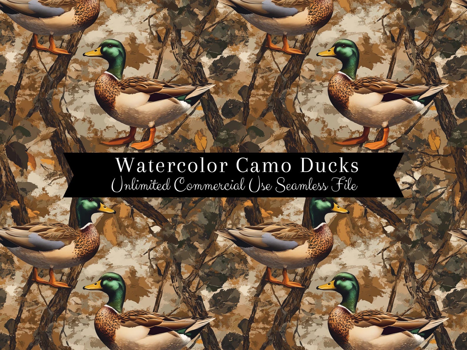 Seamless Mallard Duck Pattern | Watercolor Camouflage Ducks Print ...