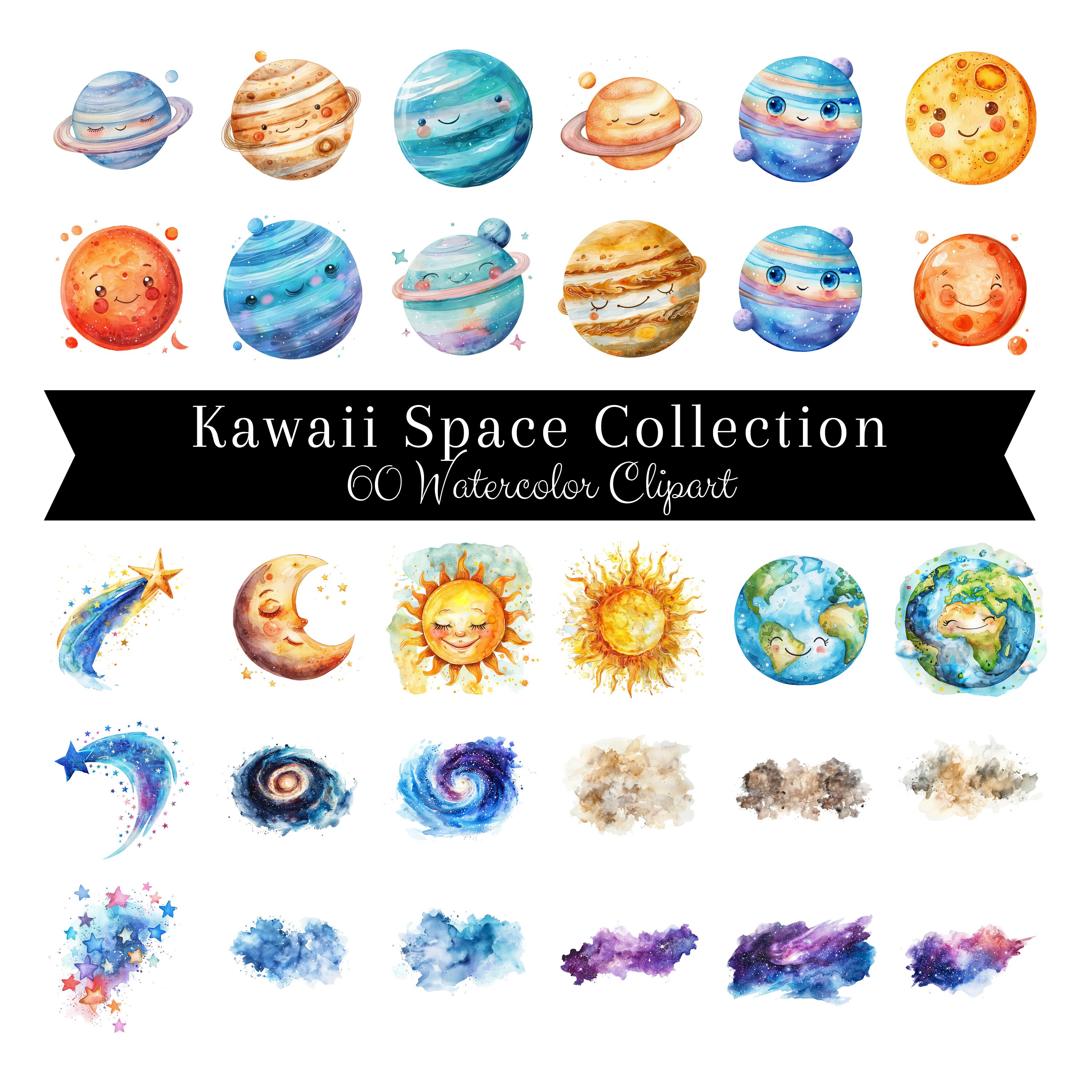 Space Kawaii Watercolor Clipart | Watercolor Planets Clipart | Sun ...