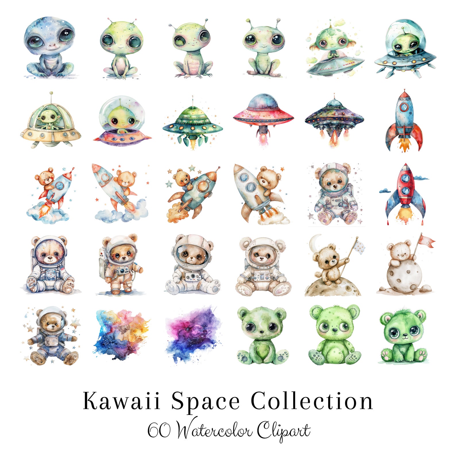 Space Kawaii Watercolor Clipart | Watercolor Planets Clipart | Sun ...