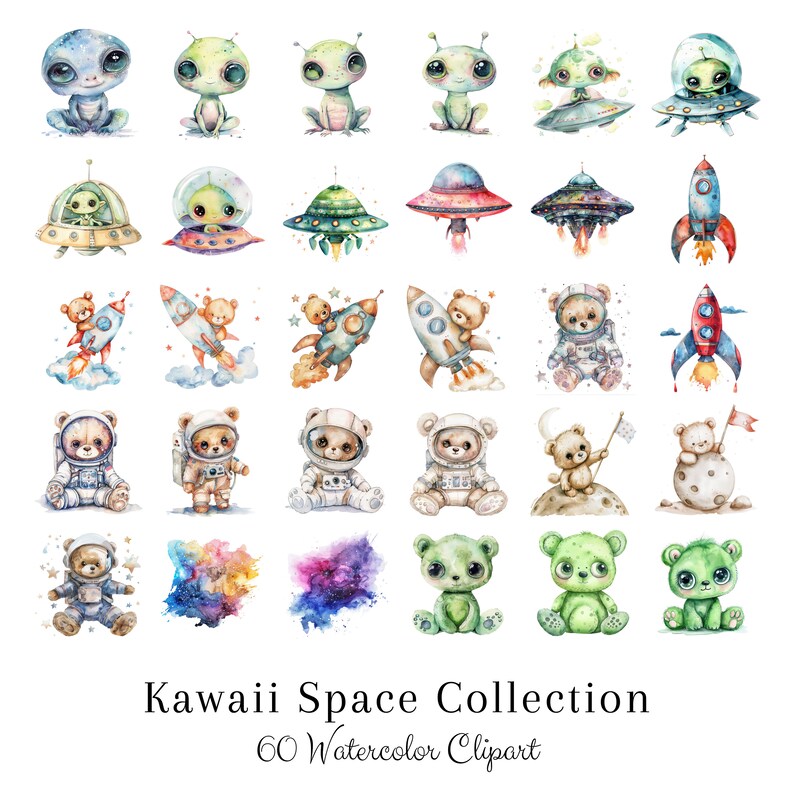 Space Kawaii Watercolor Clipart | Watercolor Planets Clipart | Sun ...
