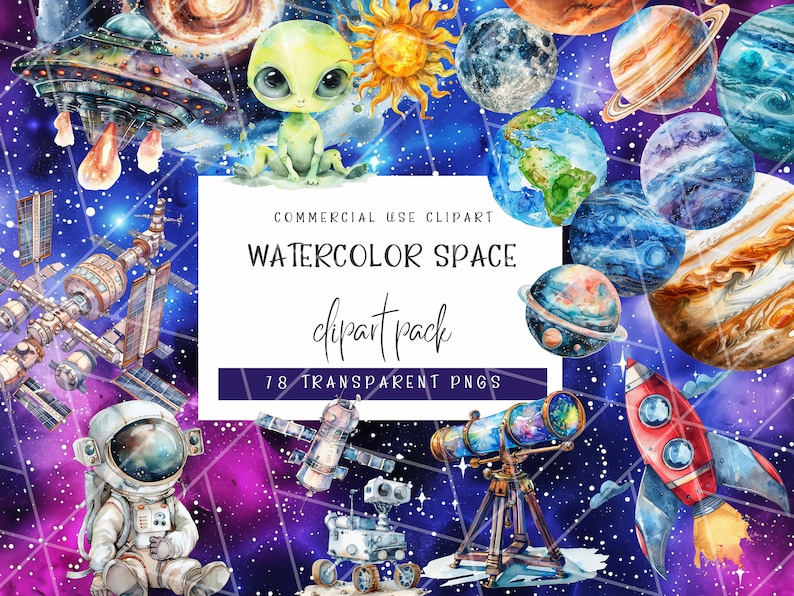 Space Watercolor Clipart | Watercolor Planets Clipart | Space Digital ...