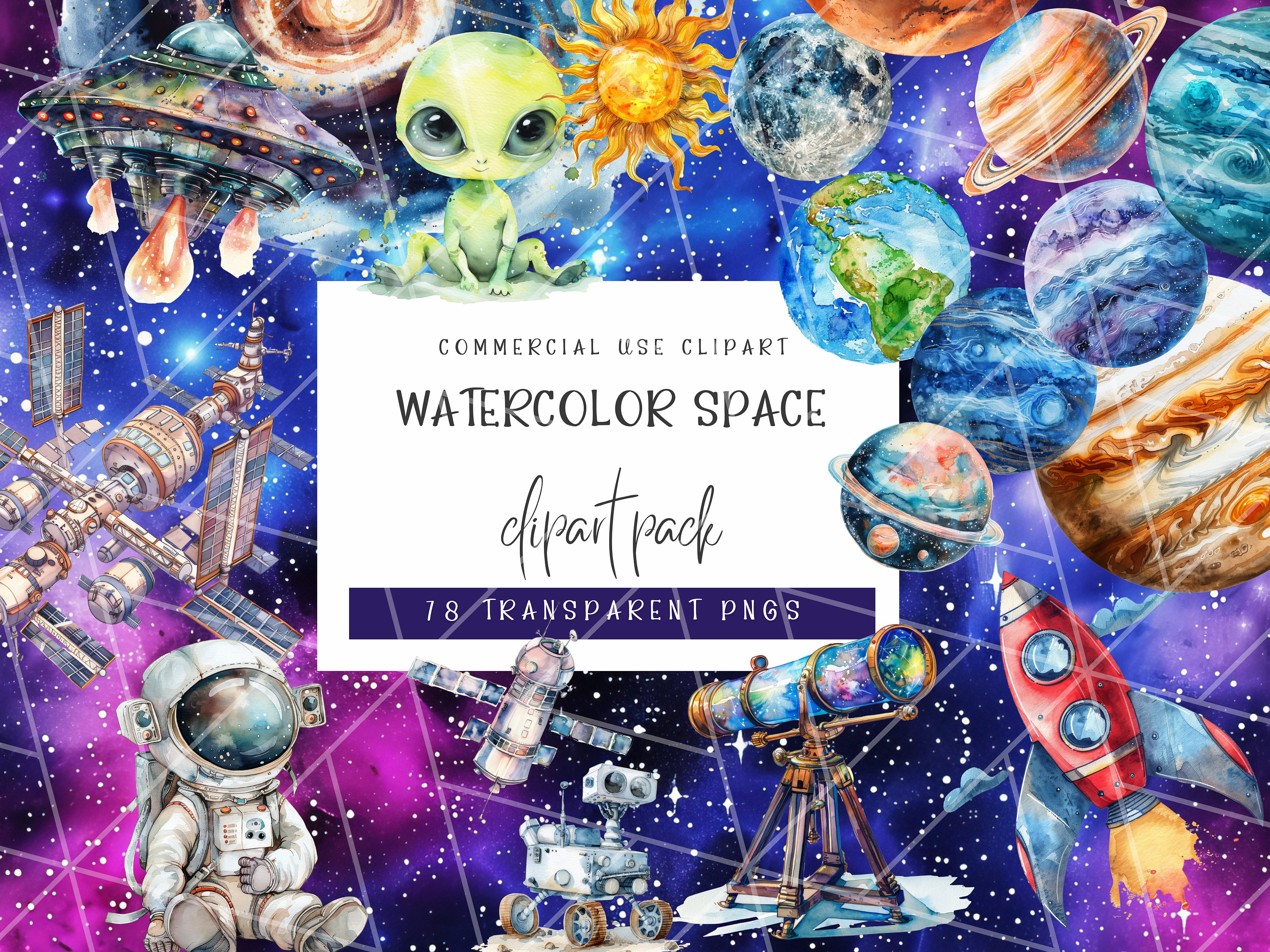 Space Watercolor Clipart | Watercolor Planets Clipart | Space Digital ...