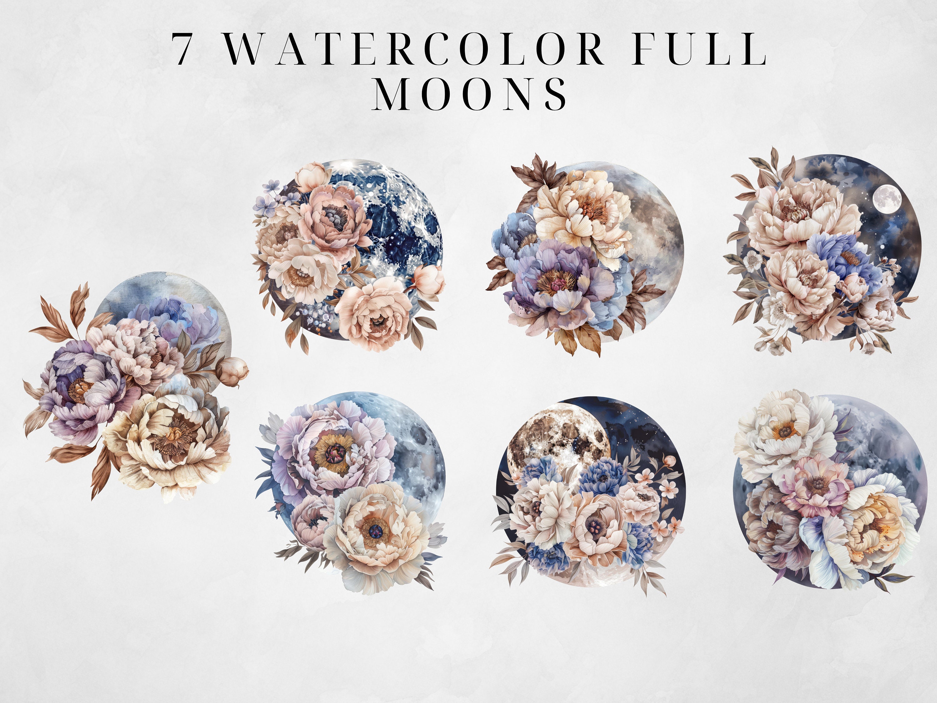 Boho Floral Moon Clipart | Crescent Moon Clipart | Peony Floral Clipart ...