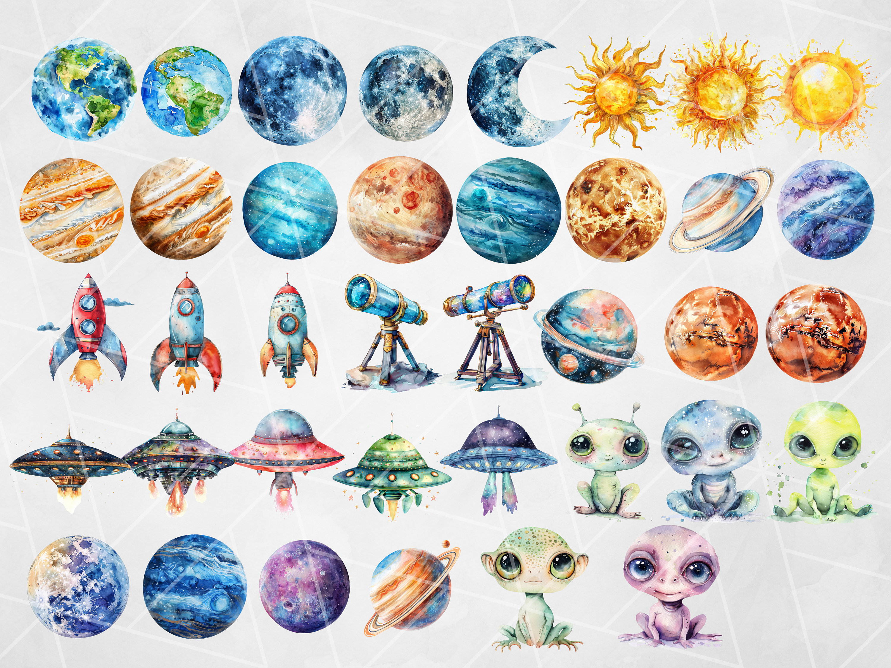 Space Watercolor Clipart | Watercolor Planets Clipart | Space Digital ...