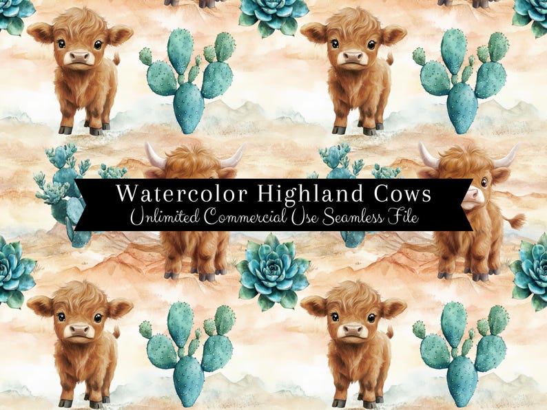 Seamless Highland Cow Pattern | Watercolor Succulent | Farm Backgrounds ...