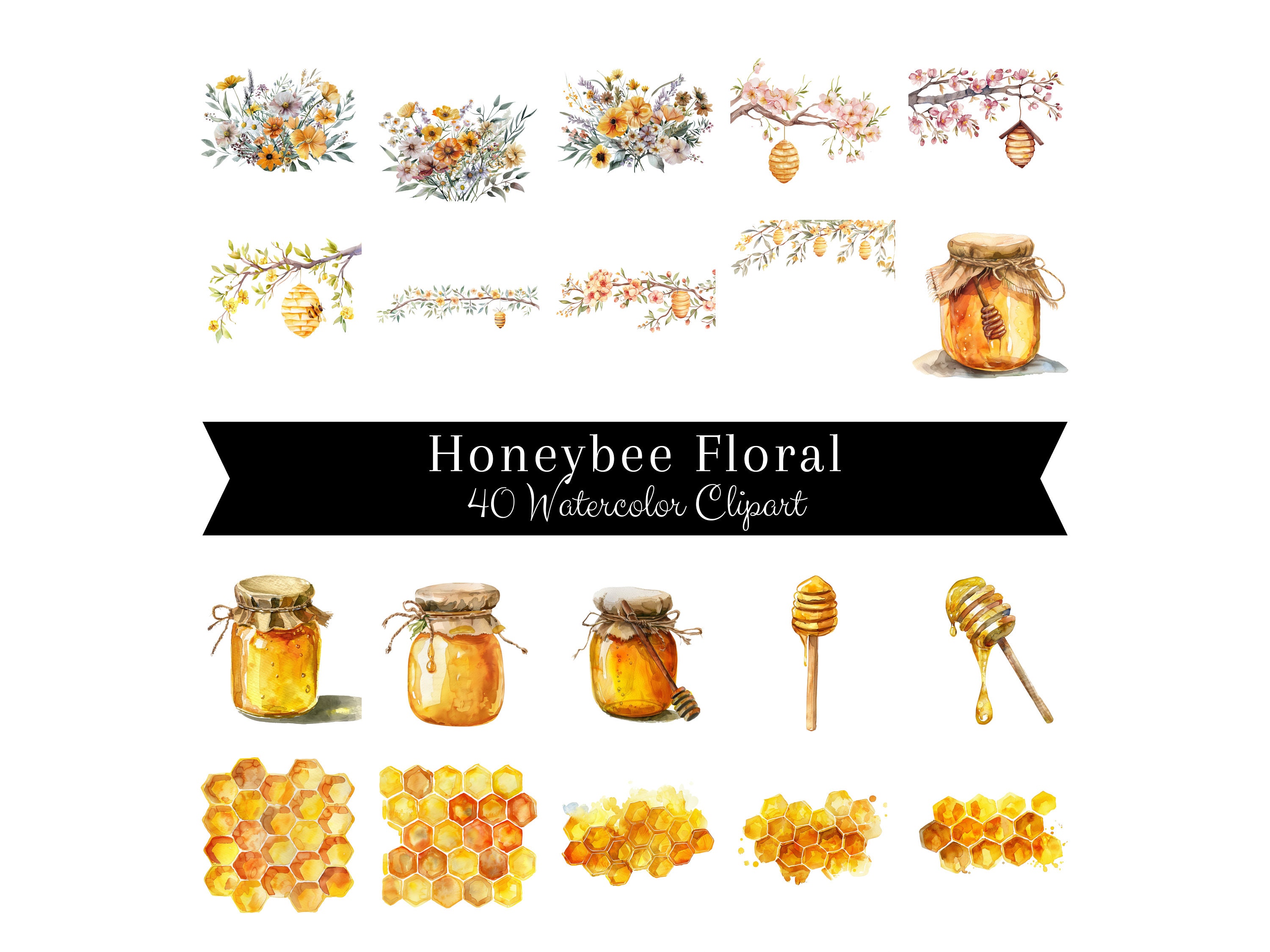 Watercolor Honey Bee Clipart | Bee Floral Clipart | Bee Png | Bumble ...