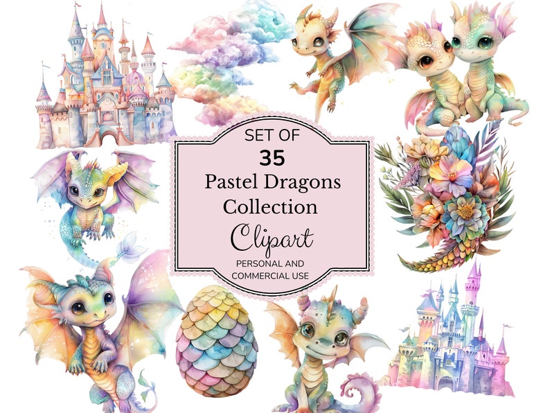 Watercolor Pastel Rainbow Dragon Clipart Baby Dragon Clipart Watercolor ...