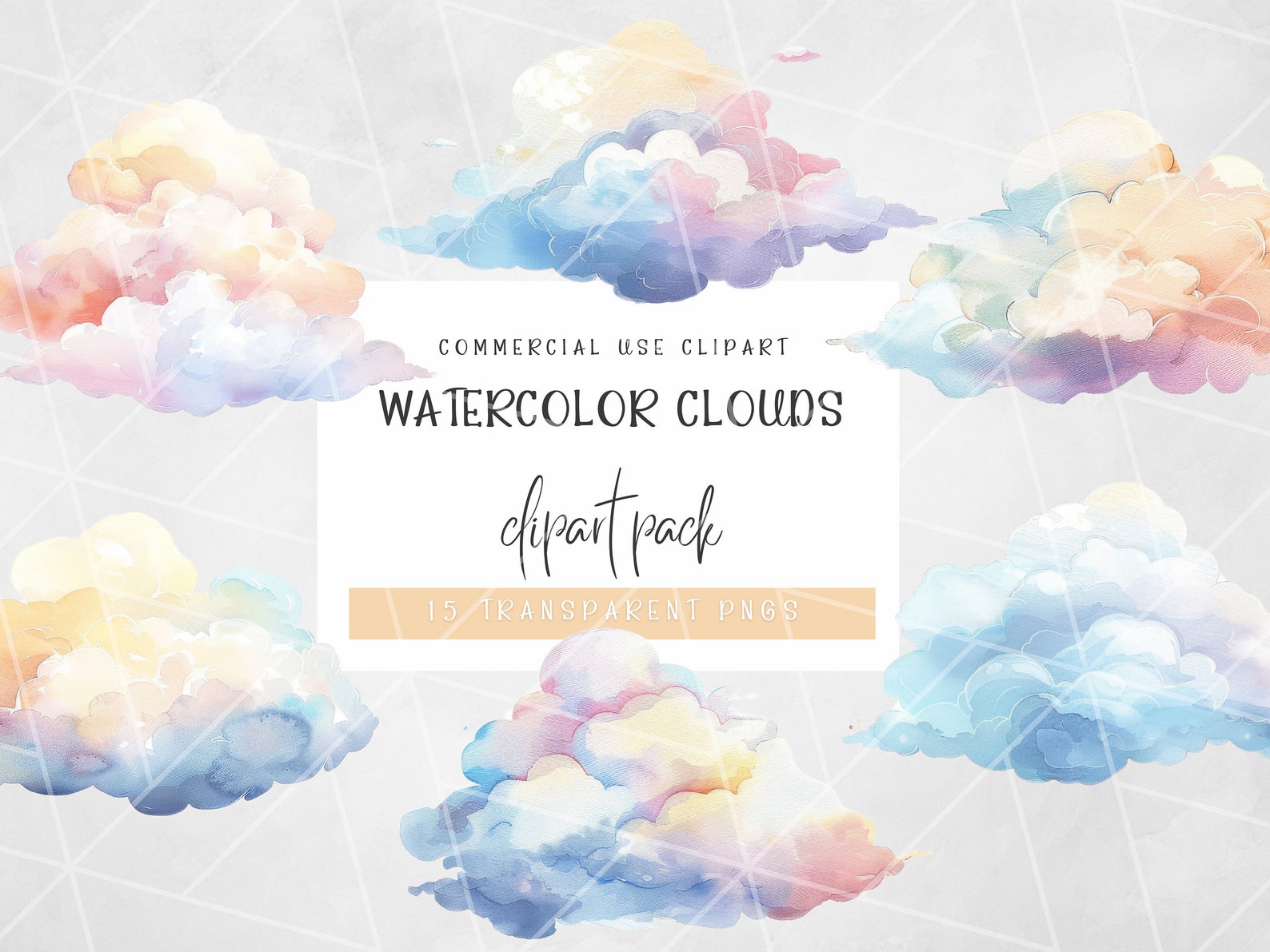 Watercolor Clouds Clipart. Weather Illustration Clipart, Commercial Use ...