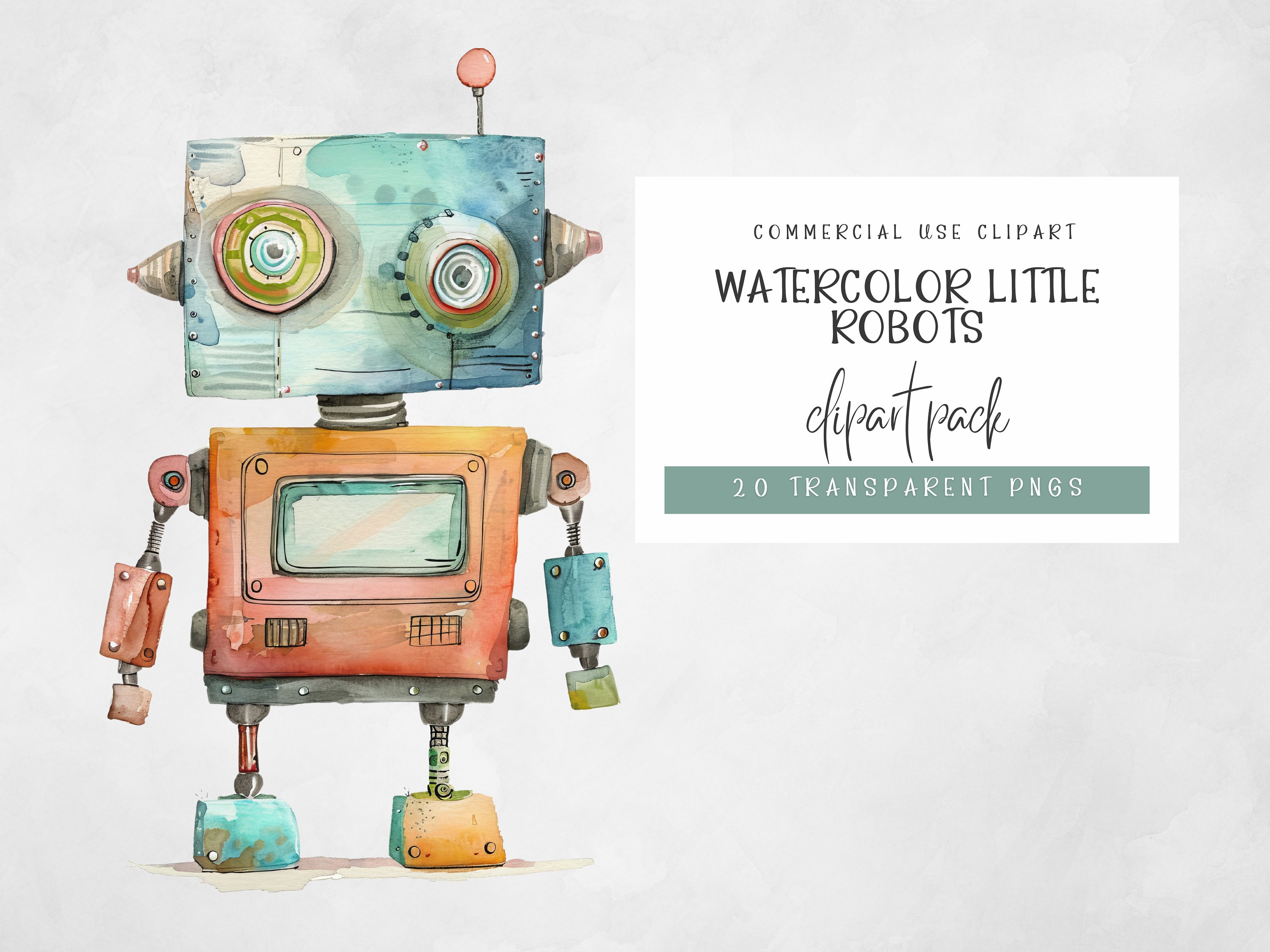 Cute Robot Watercolor Clip Art | Commercial Use | Transparent Pngs ...