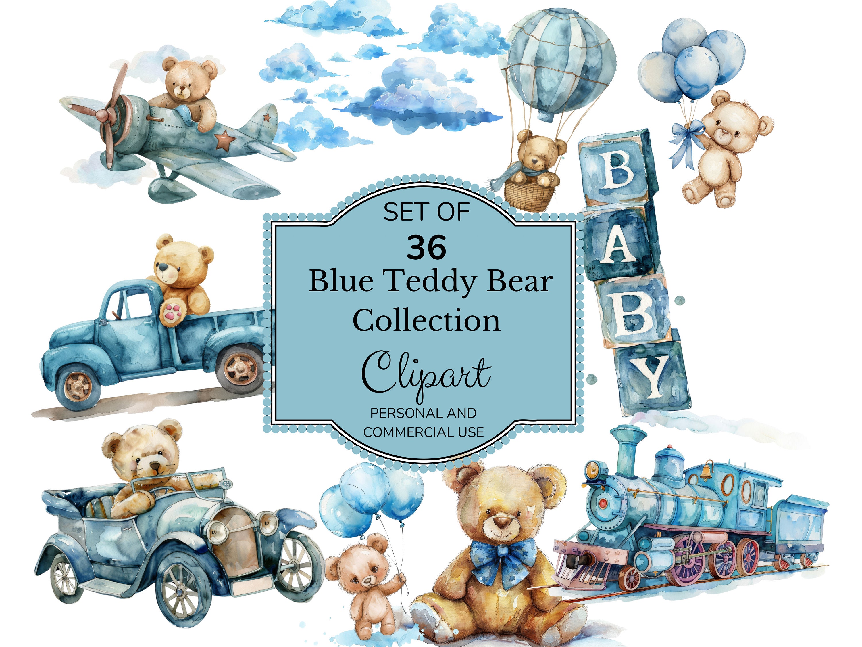 Watercolor Boy Teddy Bear Clipart | Baby Boy Watercolor Clipart ...