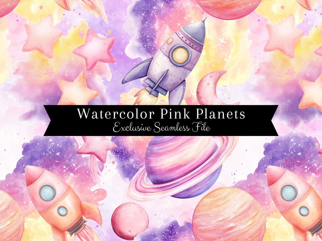 Pink Planets Seamless Pattern Watercolor Space Digital Paper Watercolor ...