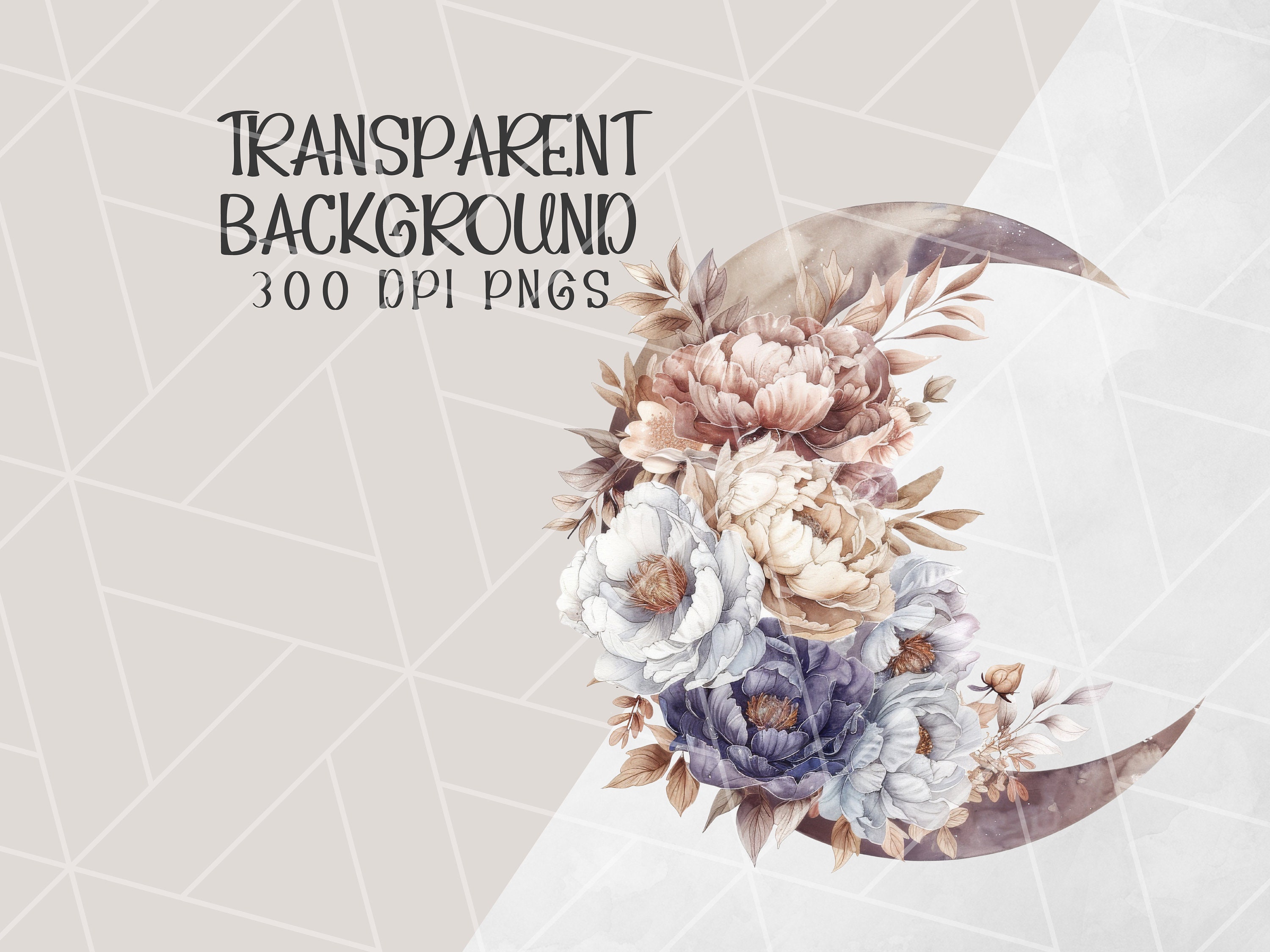 Boho Floral Moon Clipart | Crescent Moon Clipart | Peony Floral Clipart ...