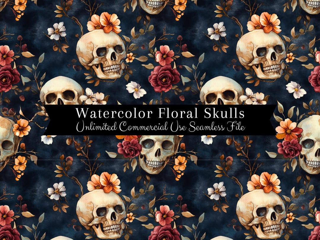 Watercolor Floral Skull Seamless Print | Fall Skull Seamless Pattern ...
