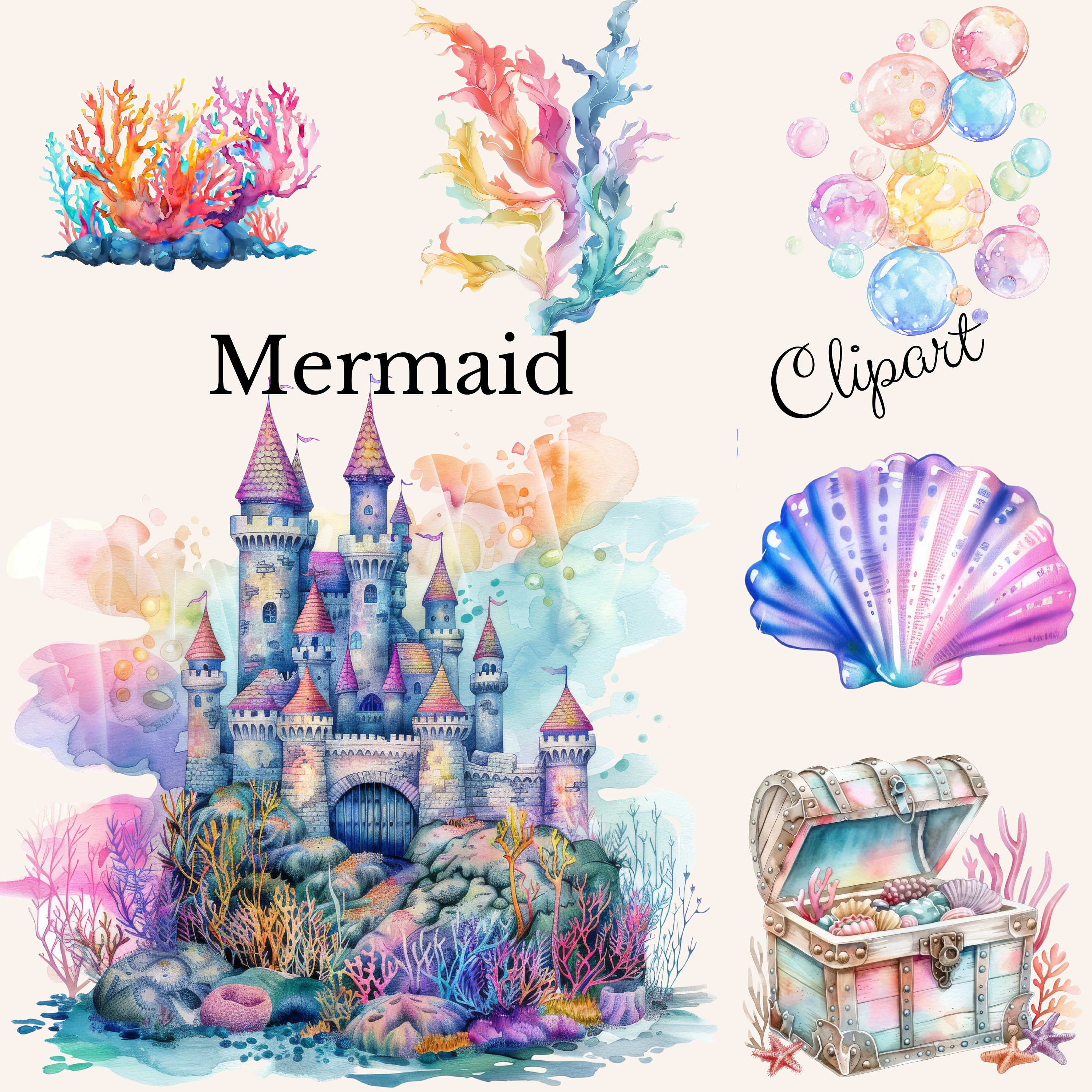 Watercolor Mermaid Clipart Bundle | Under the Sea Clipart | Watercolor ...