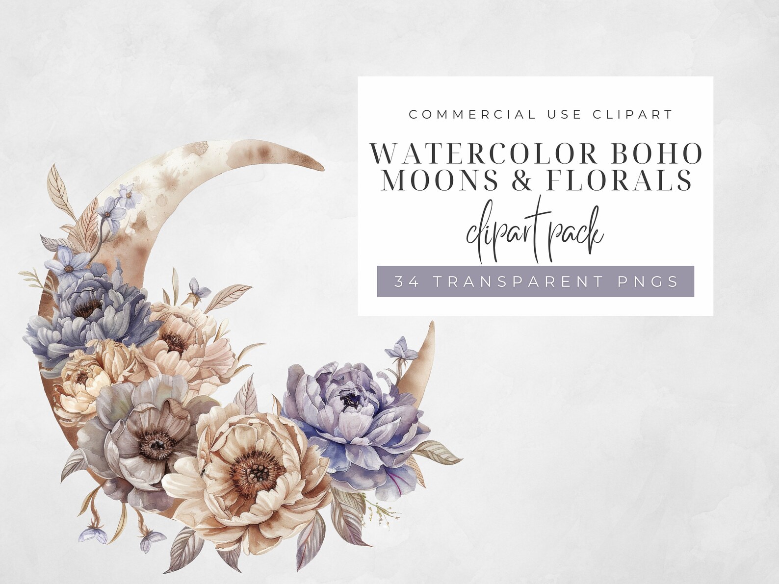 Boho Floral Moon Clipart | Crescent Moon Clipart | Peony Floral Clipart ...