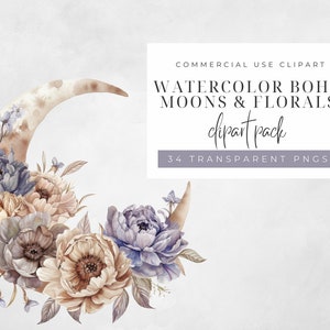 Boho Floral Moon Clipart | Crescent Moon Clipart | Peony Floral Clipart ...