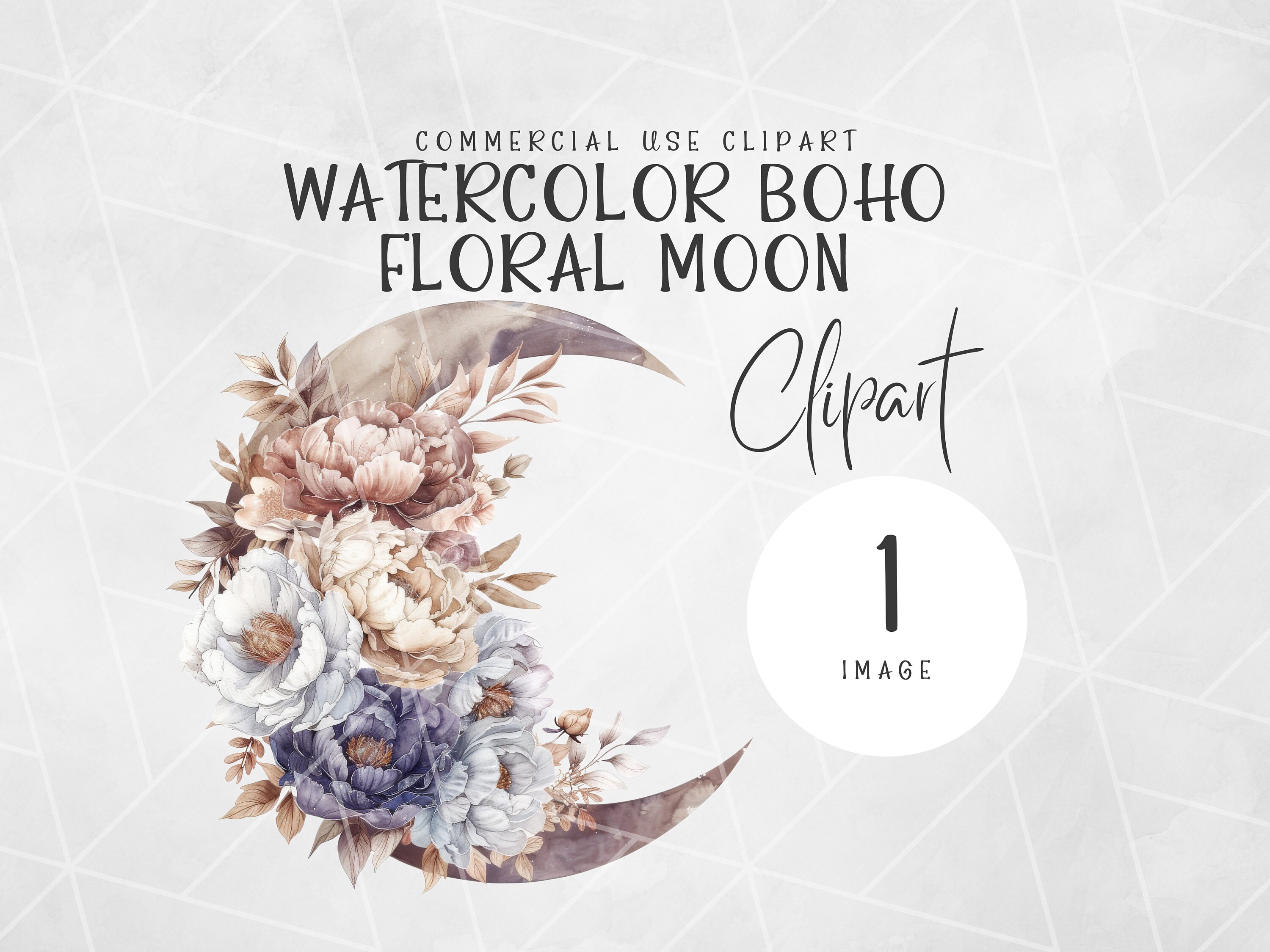 Boho Floral Moon Clipart | Crescent Moon Clipart | Peony Floral Clipart ...