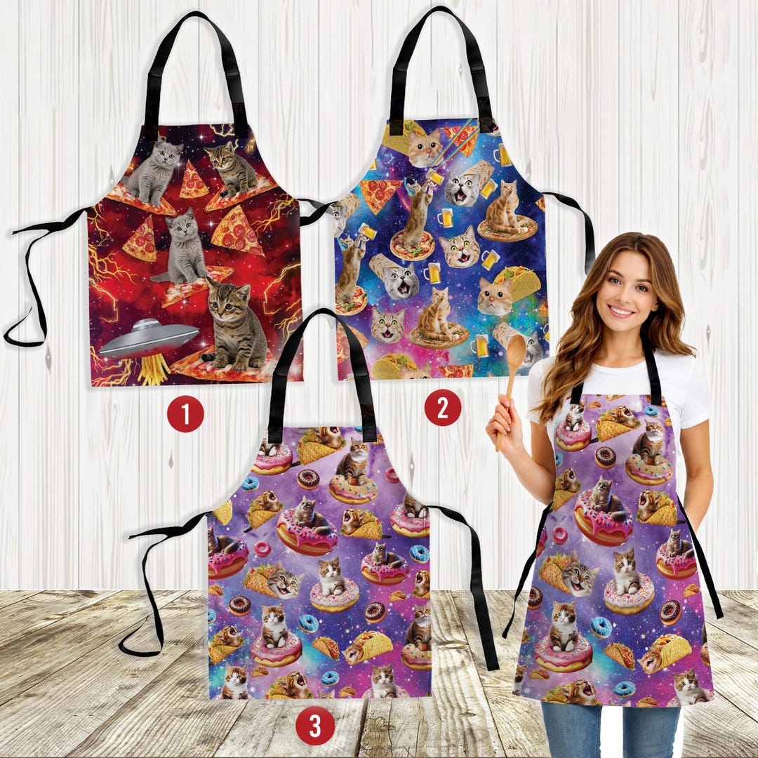Funny Cat Apron for Cooking, Cute Cat Kitchen Apron With Galaxy Food ...