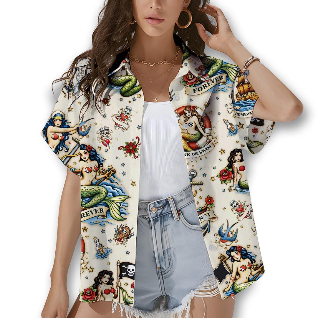 Retro Mermaid Hawaiian Shirt for Women, Vintage Sailor Tattoo Graphic ...