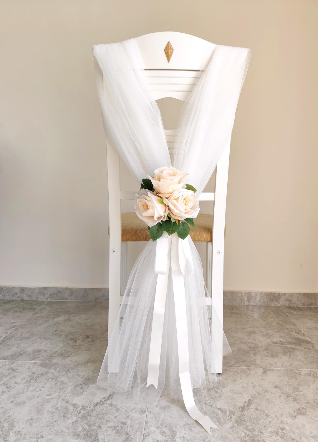 Set of 10-40 Tulle Chair Sash With Silk Roses and Satin Ribbon, Tulle ...