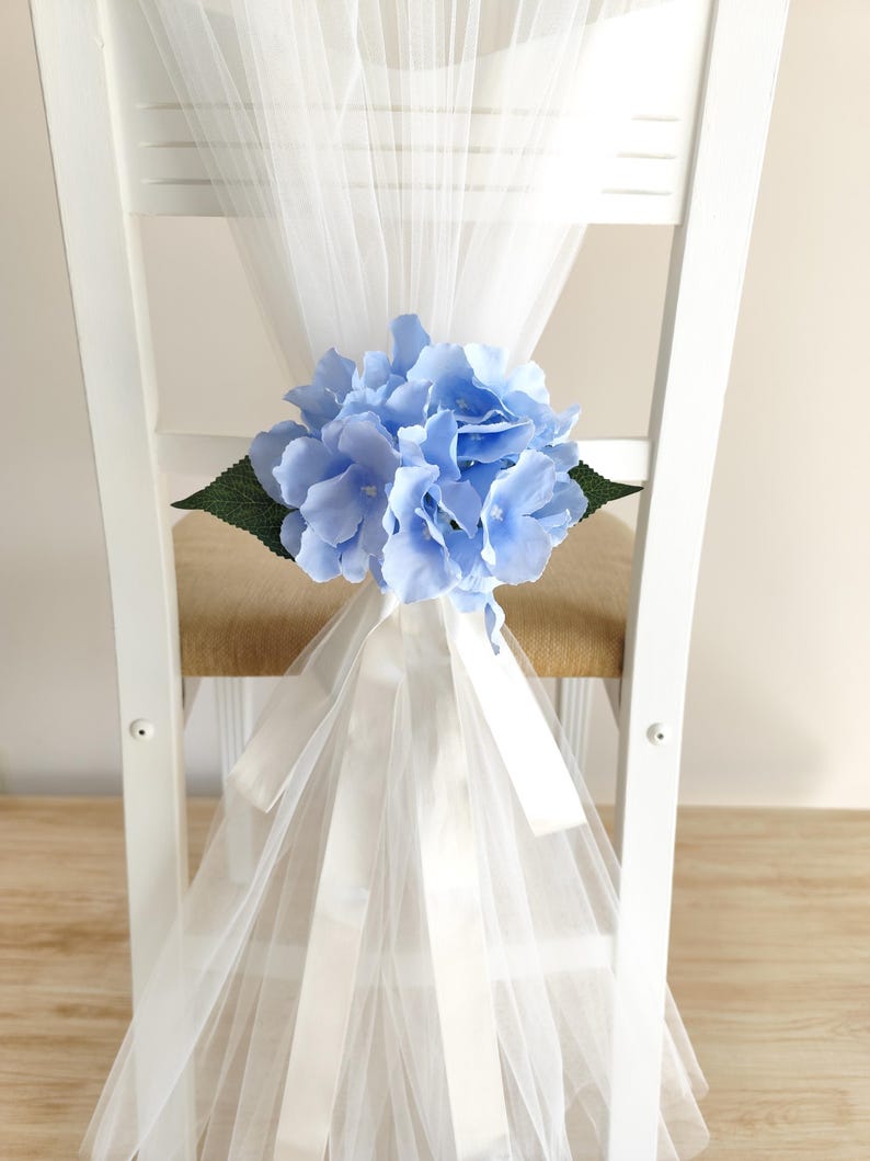 Set of Tulle Chiffon Chair Sash With Silk Hydrangea and Satin Ribbon ...