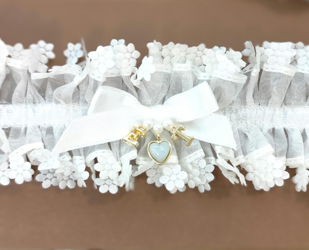Personalized Ivory Lace Wedding Garter: Floral Organza, Initial Charms ...