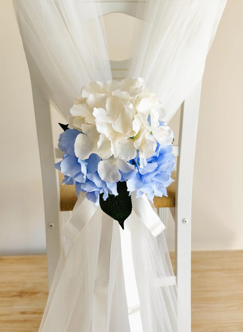 Set of Tulle Sash With Silk Hydrangea Flowers and Satin Ribbon, Wedding ...