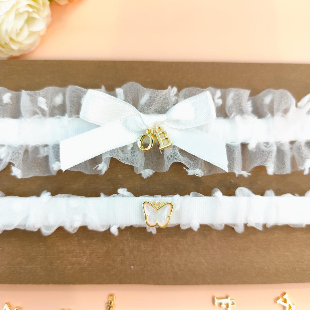 Personalized Garter Set, off White Spotted Organza Wedding Garter Set ...