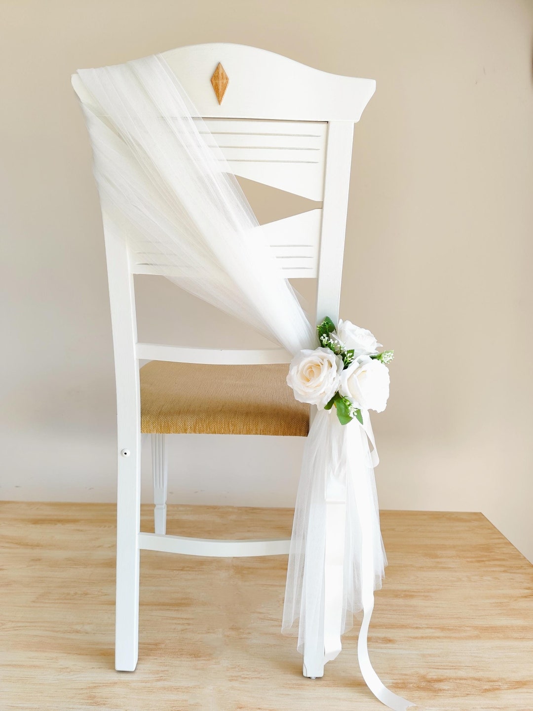 Set of 10-40 Tulle Chair Sash With Silk Roses and Satin Ribbon, Tulle ...
