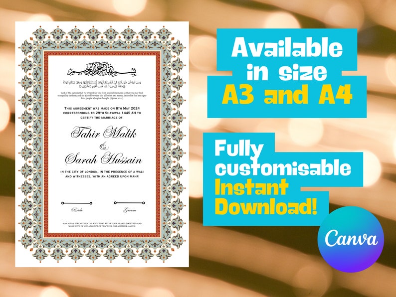 Nikkah Certificate Contract Digital Download Personalised Islamic ...
