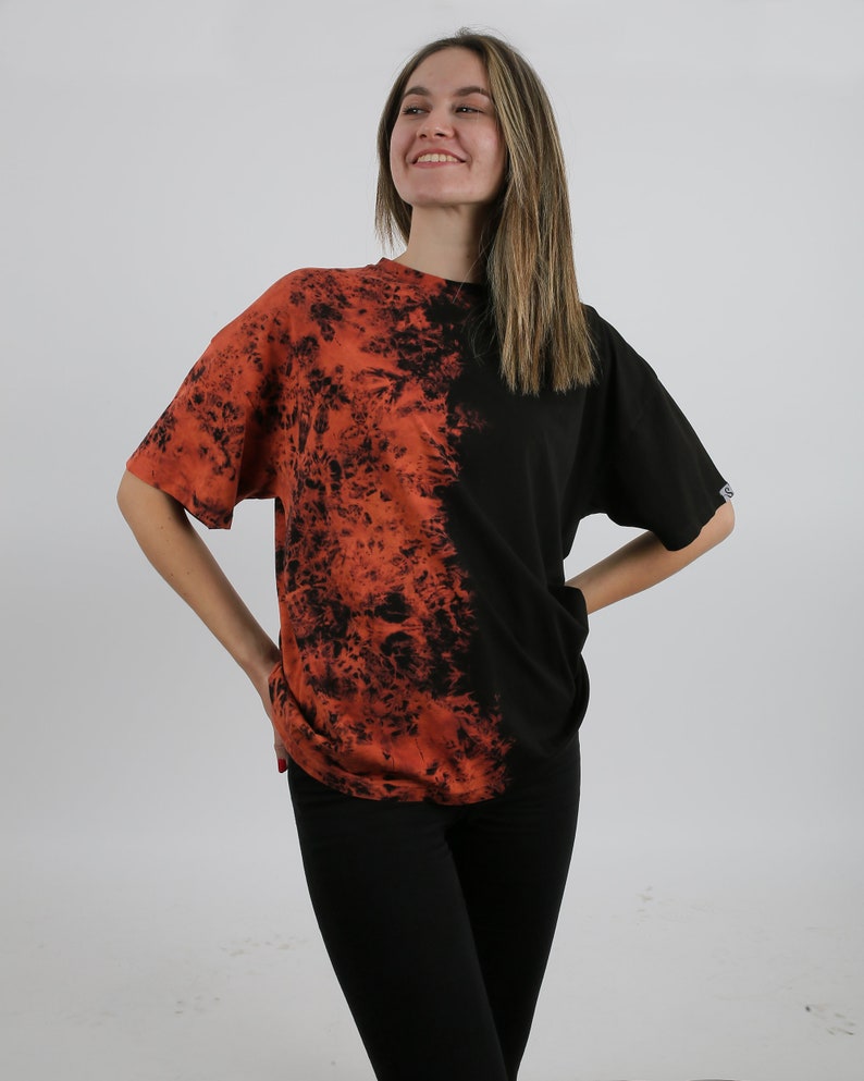 Orange Flame Tie Dye Unisex Oversized T-shirt, Bleached Reverse Tie Dye ...