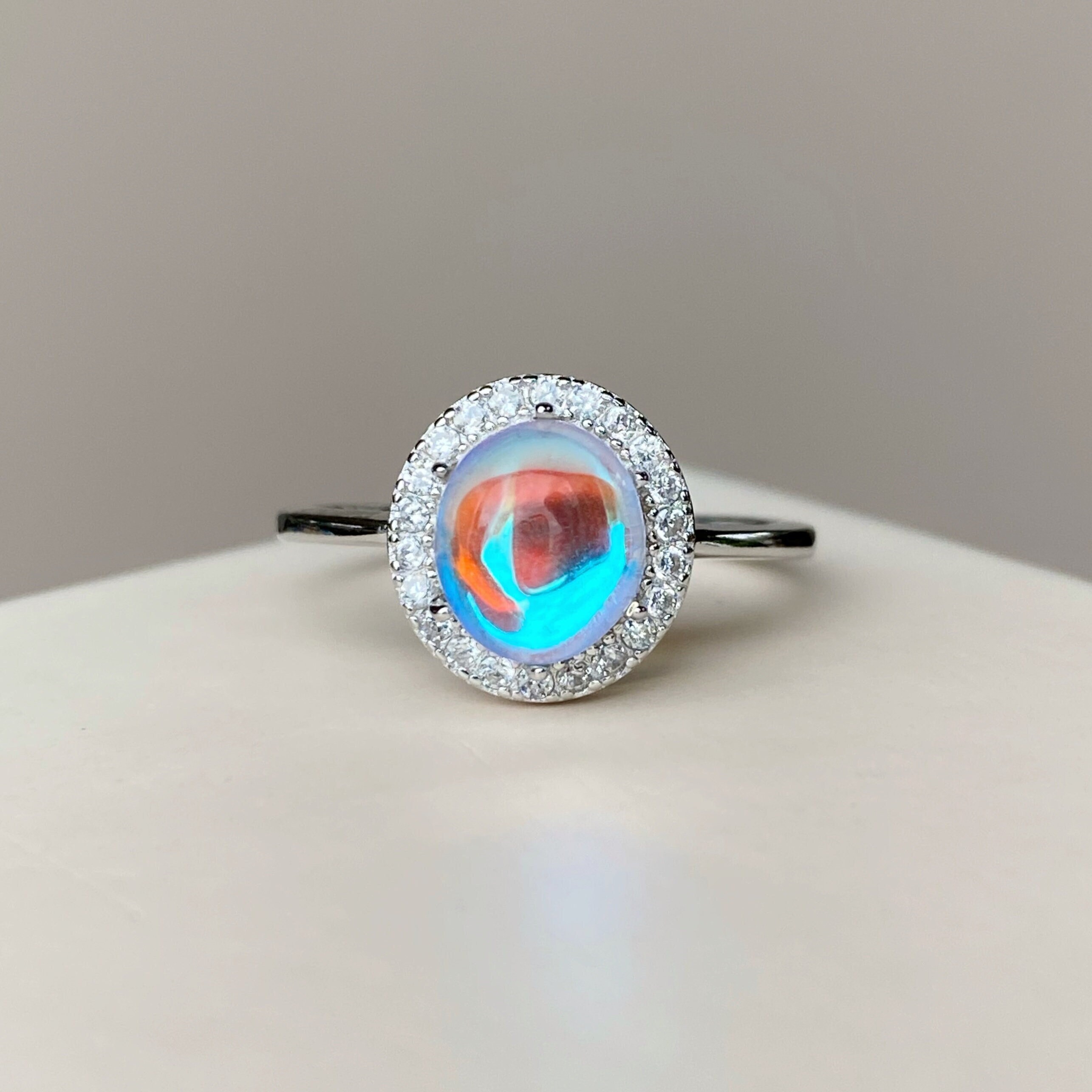Moon Stone Ring Oval Stone Ring Halo Ring Rainbow Stone Ring Colorful ...
