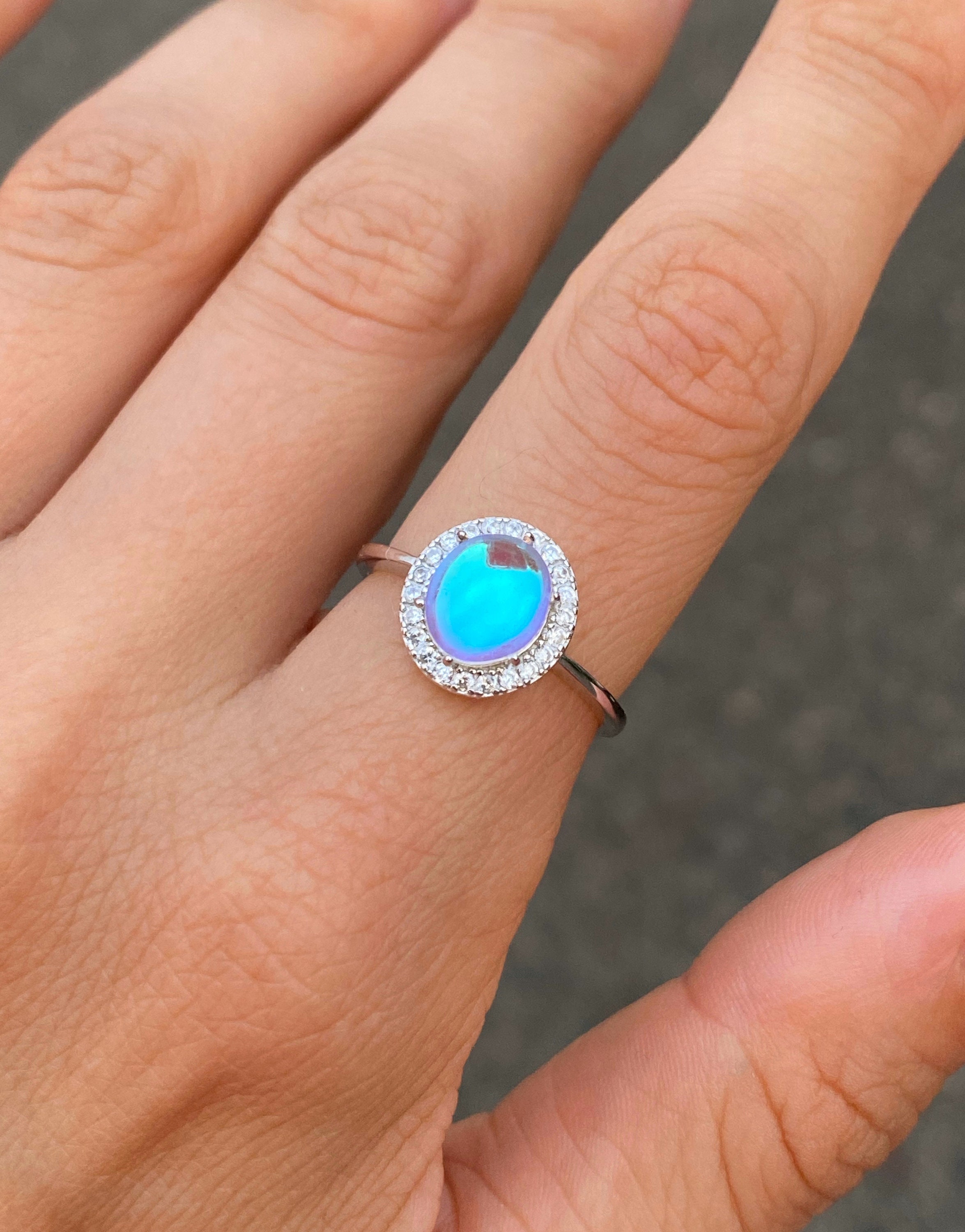 Moon Stone Ring Oval Stone Ring Halo Ring Rainbow Stone Ring Colorful ...