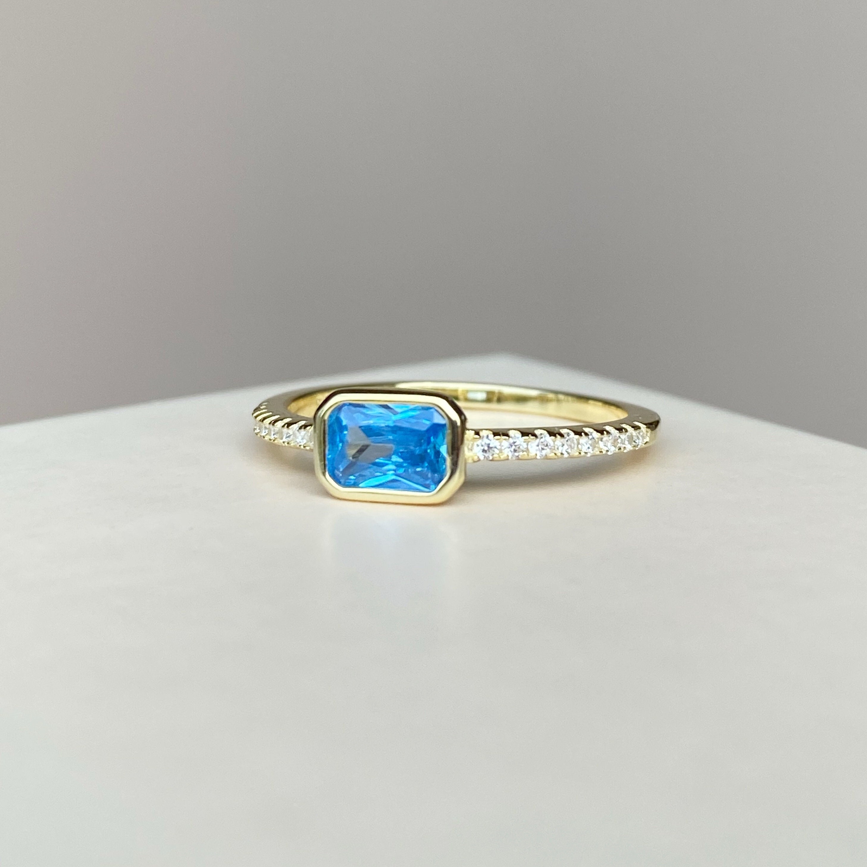 Radiant Cut Engagement Ring Bezel Set Ring Blue Stone Ring Rectangle Stone Ring Promise Ring ...