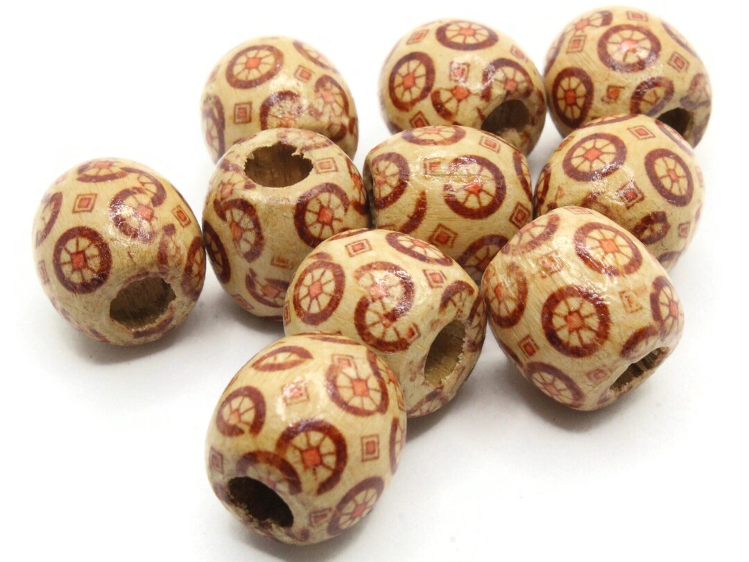 10 17mm Wagon Wheel Pattern Beads Beige Wood Barrel Beads Jewelry ...