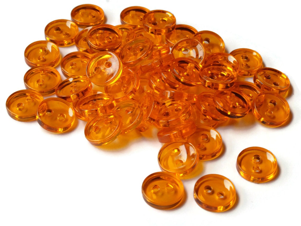 50 11mm Clear Orange Buttons Flat Round Plastic Two Hole Buttons ...