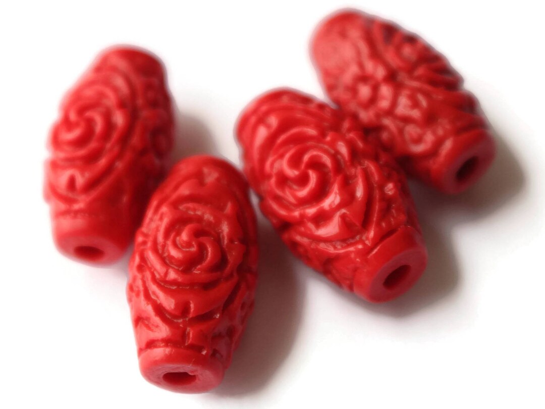 4 Carved Cinnabar Barrel Beads Cinnabar Beads Tube Beads Lacquer Beads ...
