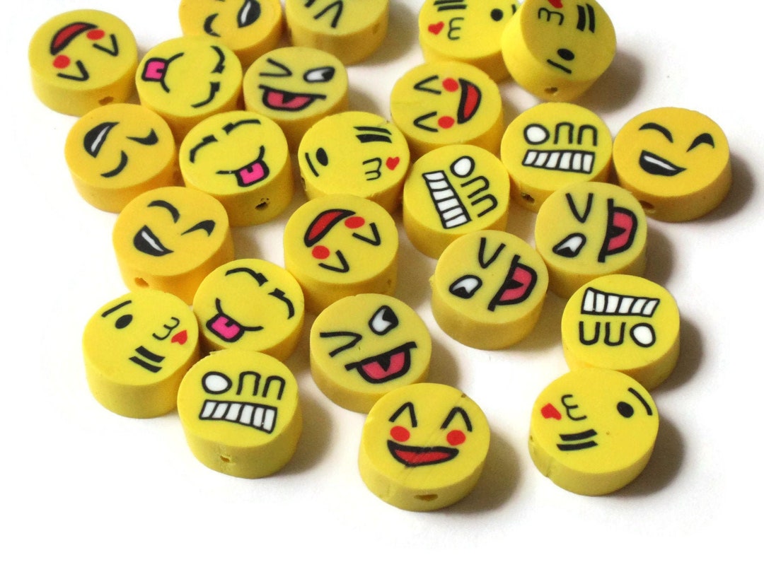 25 Yellow Emoji Beads Polymer Clay Smiley Face Beads Coin Beads Mixed ...