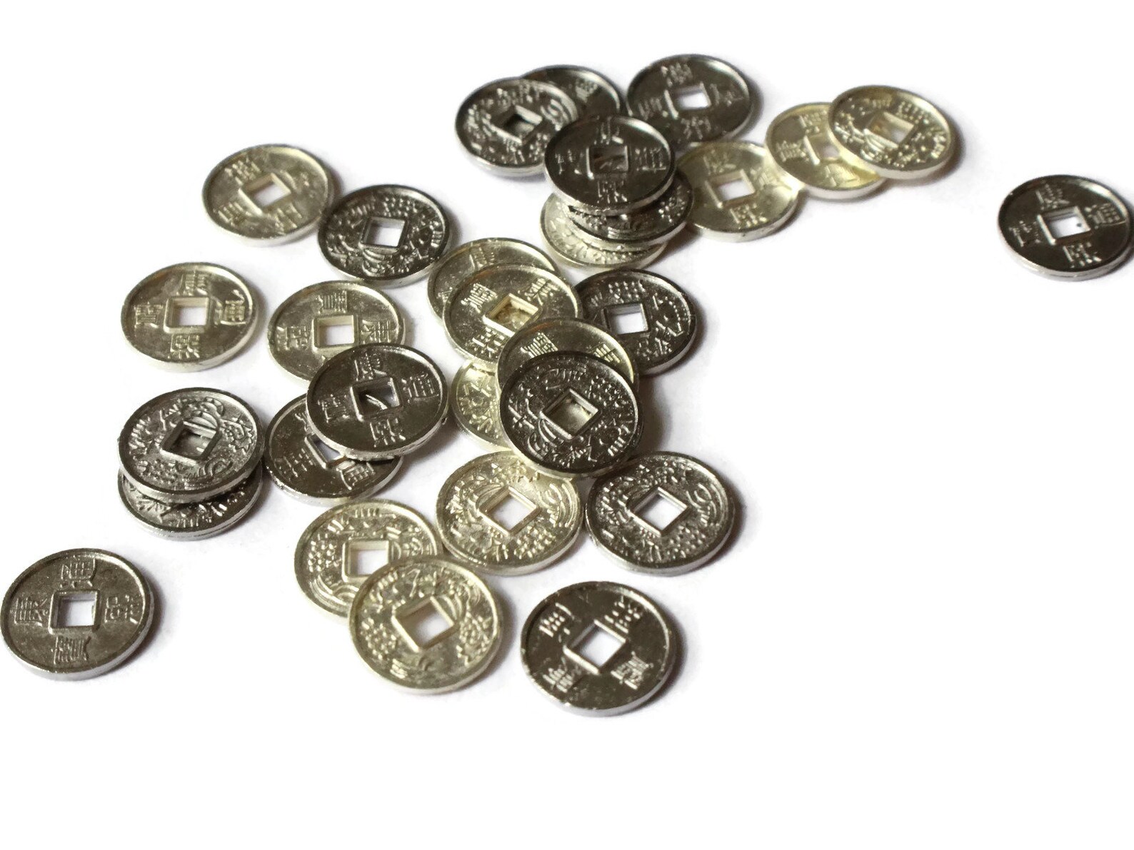 30 10mm Silver Chinese Coin Beads Flat Round Miniature Replica Money ...